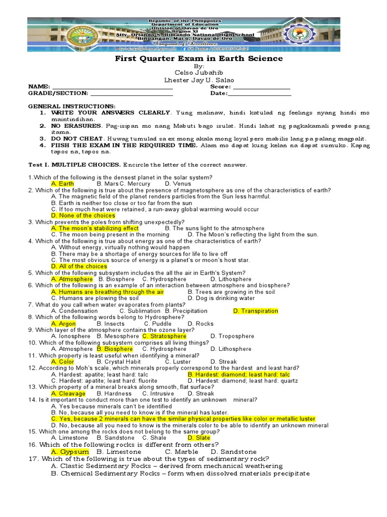 Earth Science Exam: Challenging Questions | PDF | Fuels | Fossil Fuels