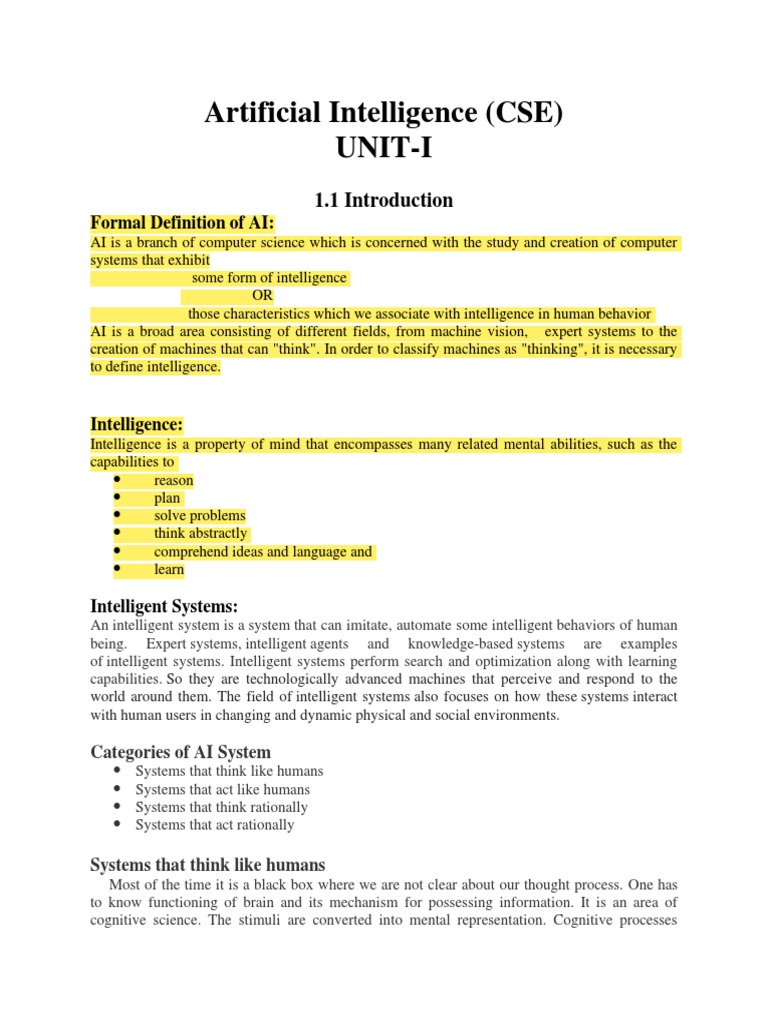 Artificial Intelligence Unit 1 - 5 | PDF | Artificial Intelligence | Intelligence (AI) & Semantics
