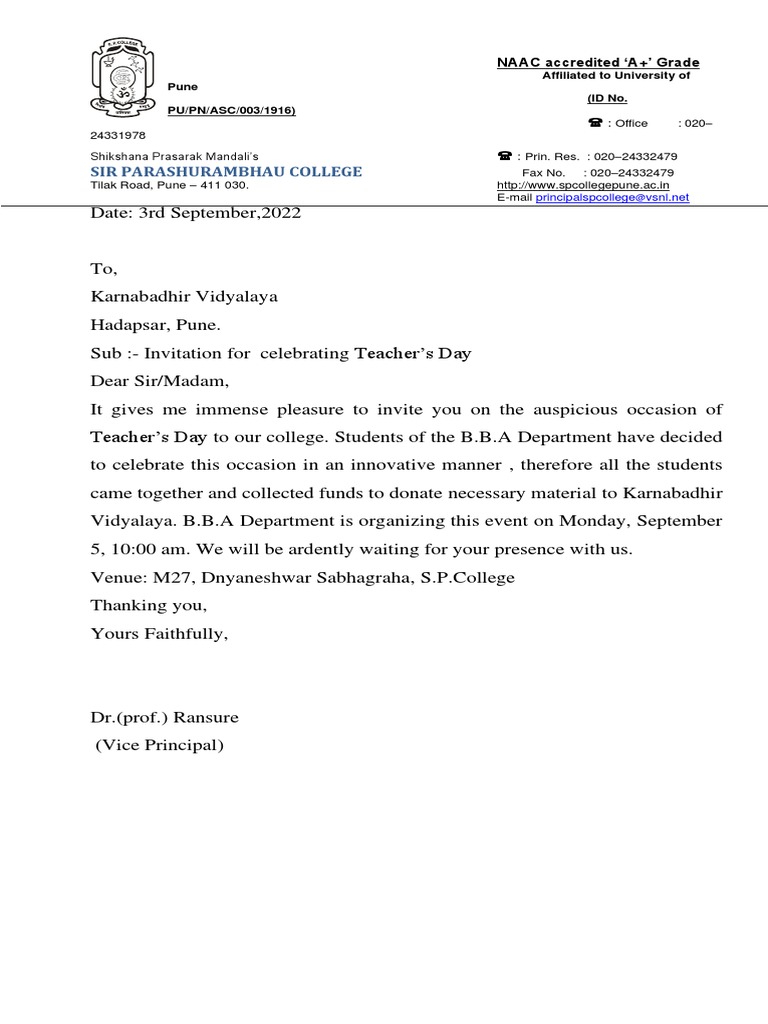 Invitation Letter For Teachers Respected Teachers And Dear Students!