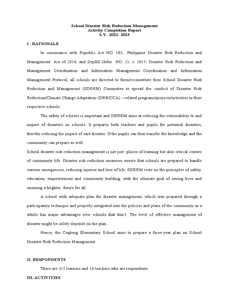 SDRRM Completion Report | Download Free PDF | Disaster Risk Reduction | Safety