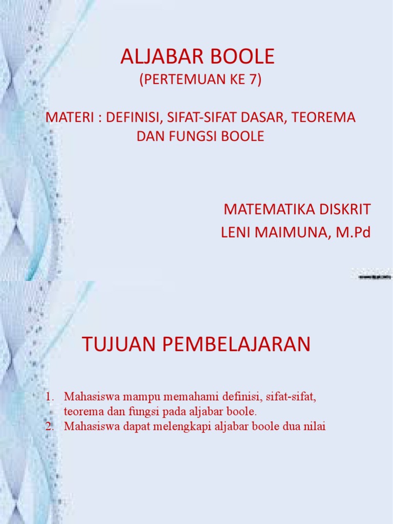 Materi MTK Aljabar Boole (Definisi, Sifat-SIfat, Teorema Dan Fungsi Aljabar Boole) | PDF