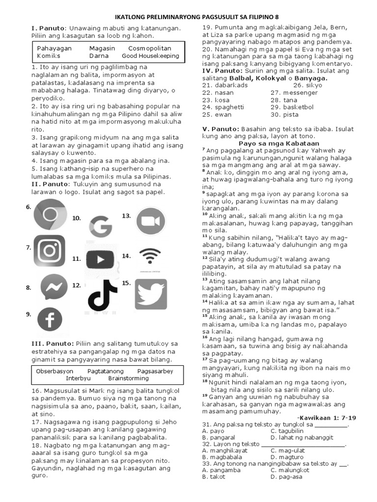 Ikatlong Preliminaryong Pagsusulit Sa Filipino 8 | PDF