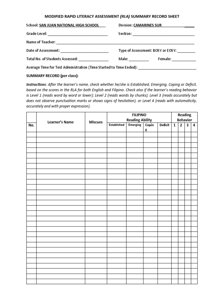 Modified Rapid Literacy Assessment1 | PDF