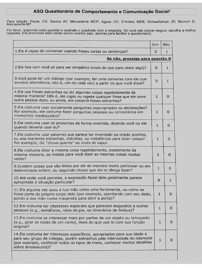 ESCALA - ASQ Questionário de Comportamento e Comunicação Social | PDF