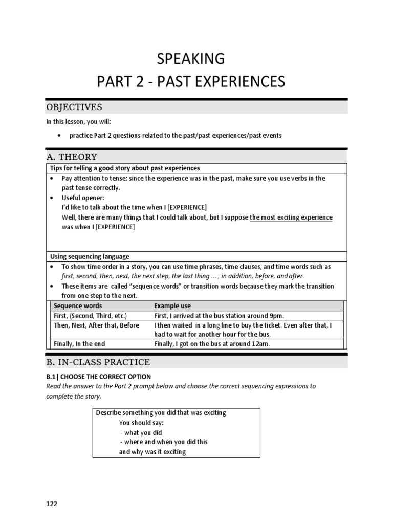 02-Speaking - Part 2 - Past Experience | PDF | Grammatical Tense | Verb