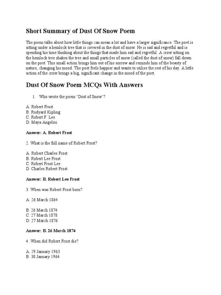 Short Summary of Dust of Snow Poem | PDF