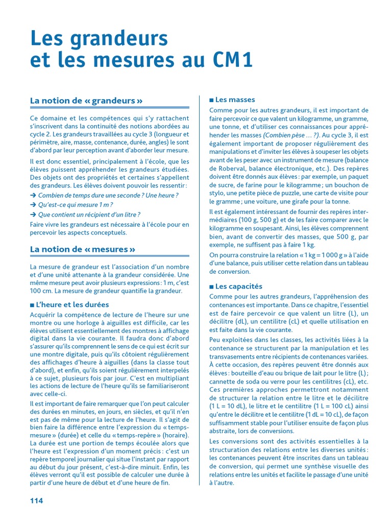 Guide Pedagogique Nopm Grandeurs Et Mesures Cm1 | PDF