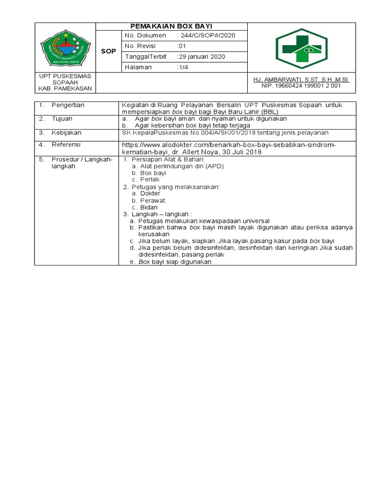 Sop Pemakaian Box Bayi | PDF