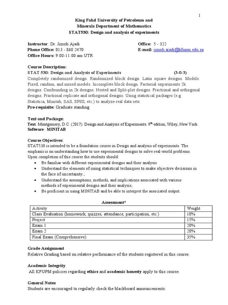 STAT530: Design & Analysis of Experiments | PDF | Experiment | Design ...