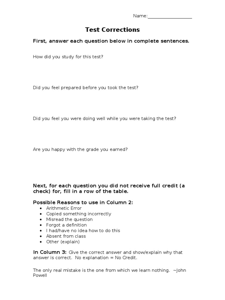 Math Test Corrections Template | PDF | Career & Growth | Language Arts ...