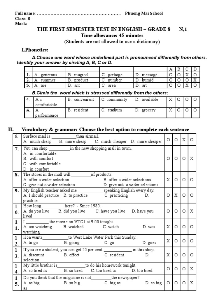 Grade 8 First Semester English Exam | PDF | Fluency | Vocabulary