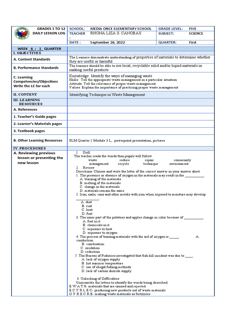 DLL Cot Science Q1 W6 | PDF