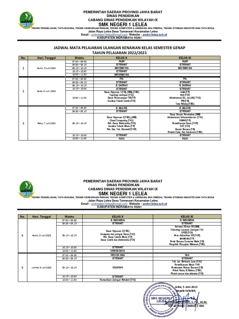 Jadwal Pelajaran Ukk Genap 2022-2023 | PDF