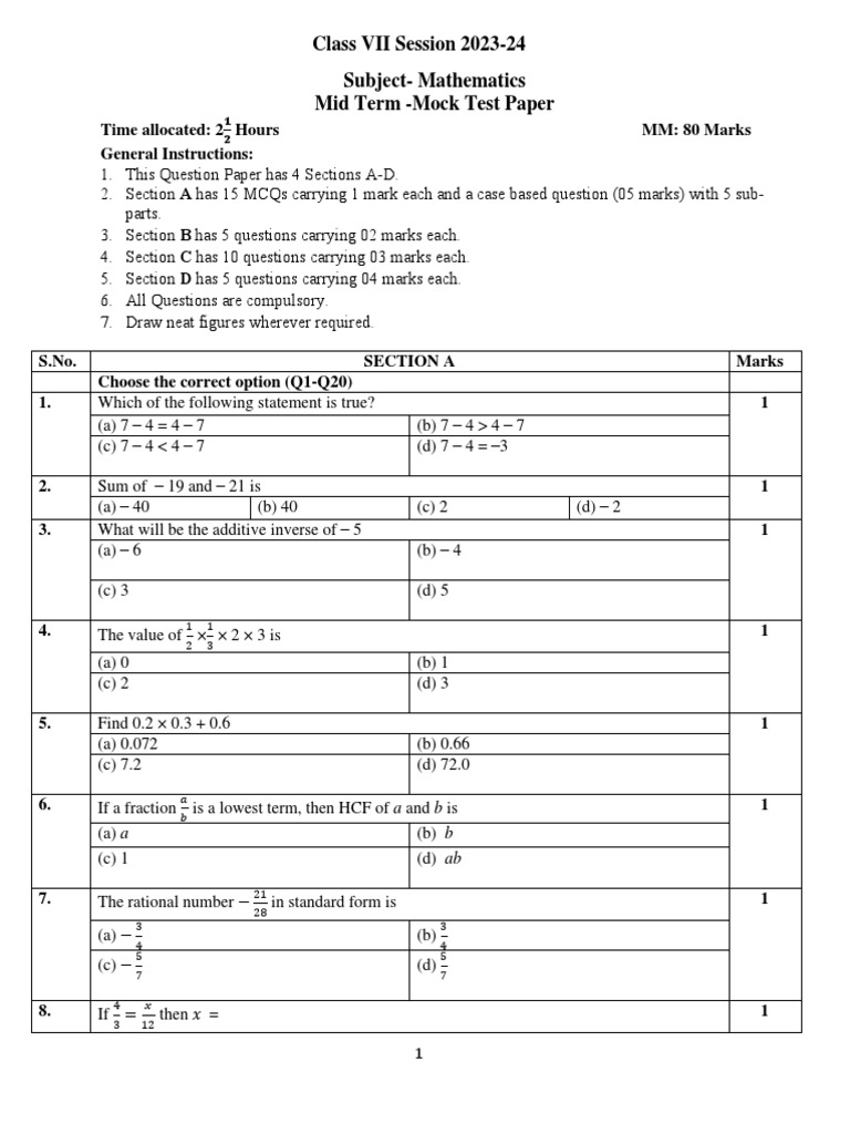 Class 7 Maths Sample Paper Mid Term Examination | PDF | Multiple Choice