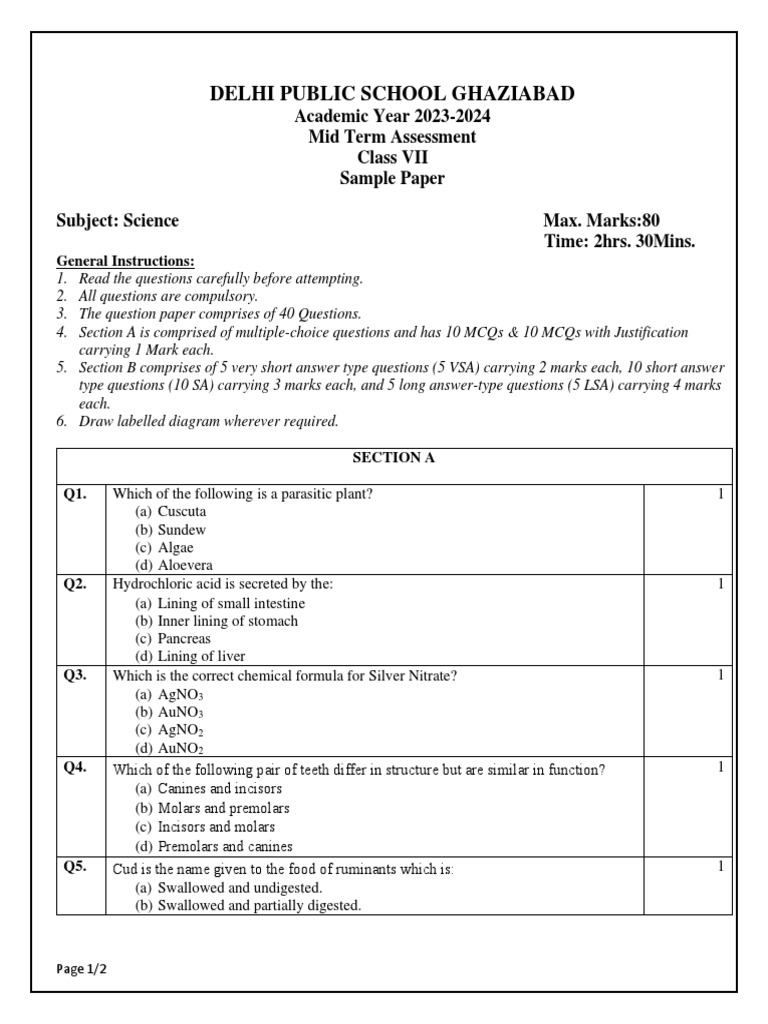 Class 7 Science Sample Paper Mid Term Examinations | PDF