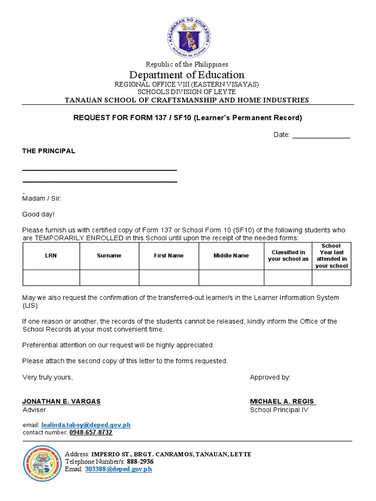 Request Letter Format For SF10 | PDF