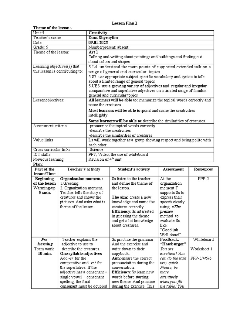 Lesson Plan 5 Class | PDF | Learning | Educational Assessment