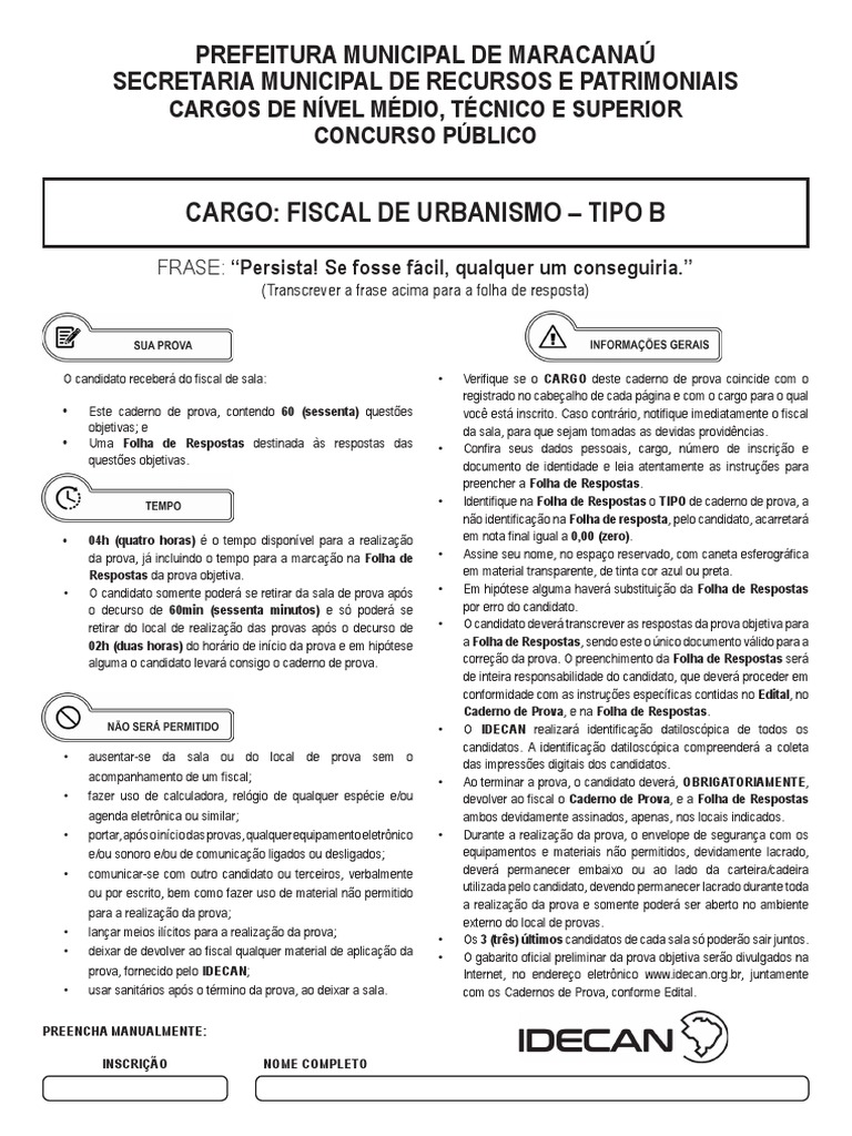 Prova IDECAN Fiscal de Urbanismo | PDF | Suicídio | Distúrbio mental