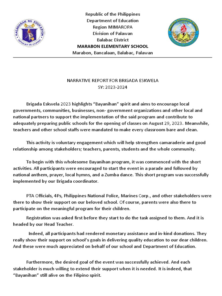 Brigada Eskwela Narrative Report 2023 | PDF