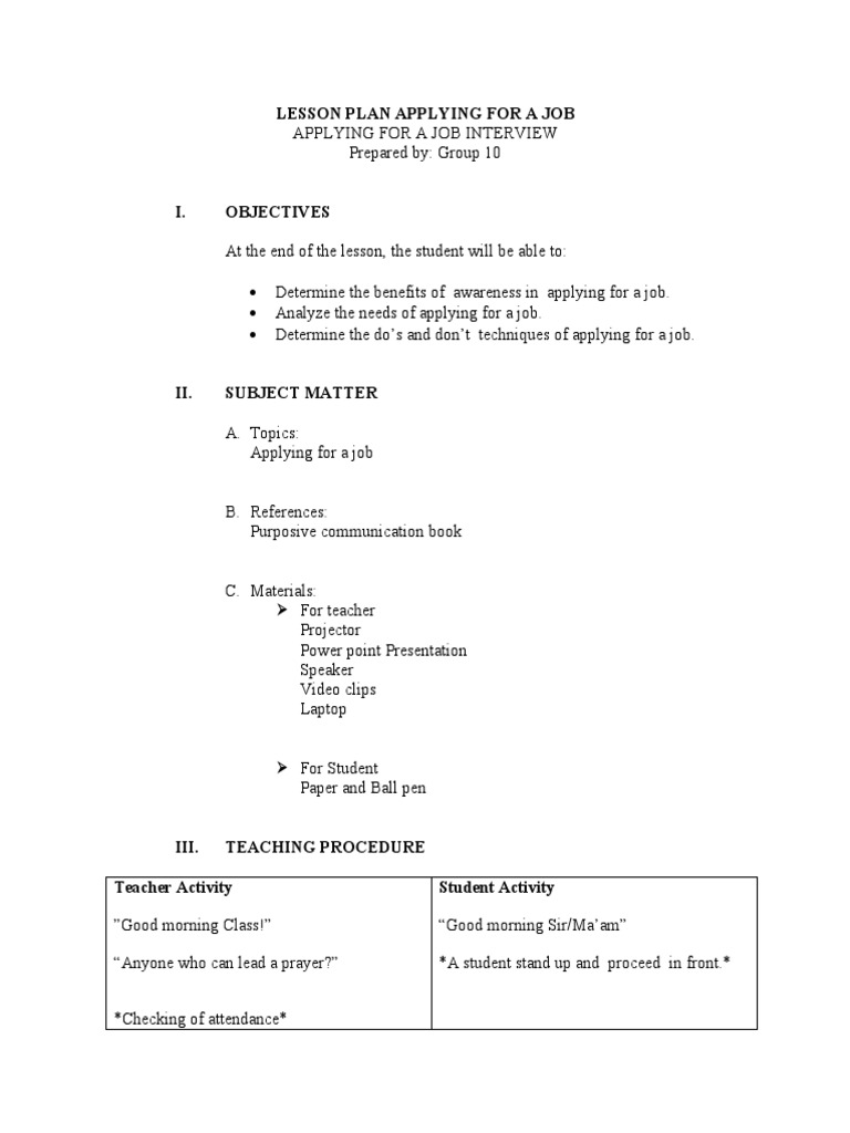 LESSON PLAN APPLYING FOR A JOB 1 | PDF | Job Interview | Lesson Plan