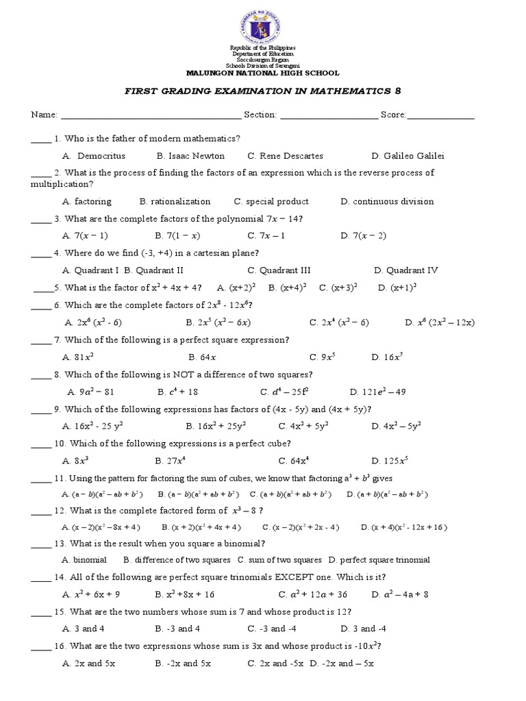 1st Quarter Math 8 Exam | PDF | Cartesian Coordinate System ...