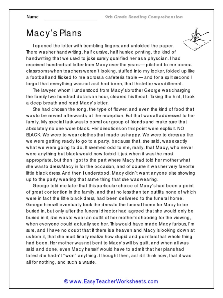 Macy's Plans: 9th Grade Reading Comprehension | PDF