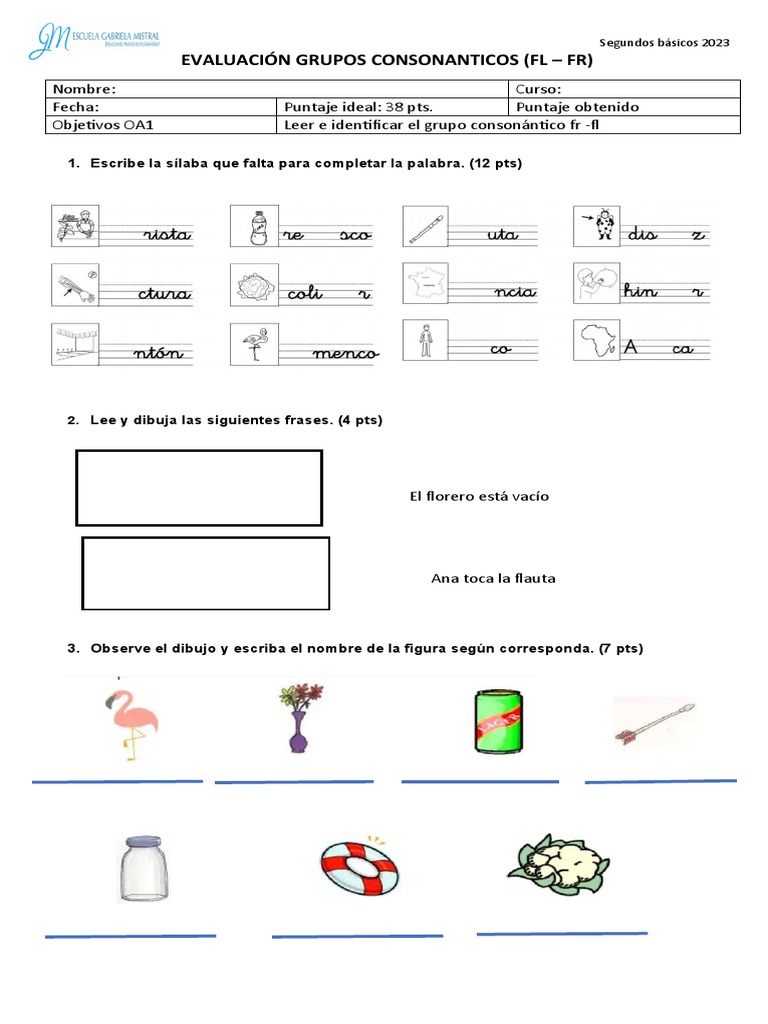 Evaluación de Consonantes FL y FR | PDF | Métodos y materiales de enseñanza