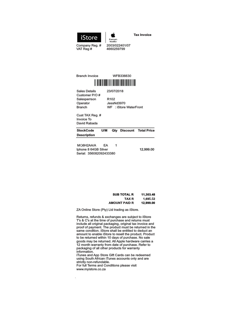 iStore Invoice for iPhone 8 Purchase | PDF