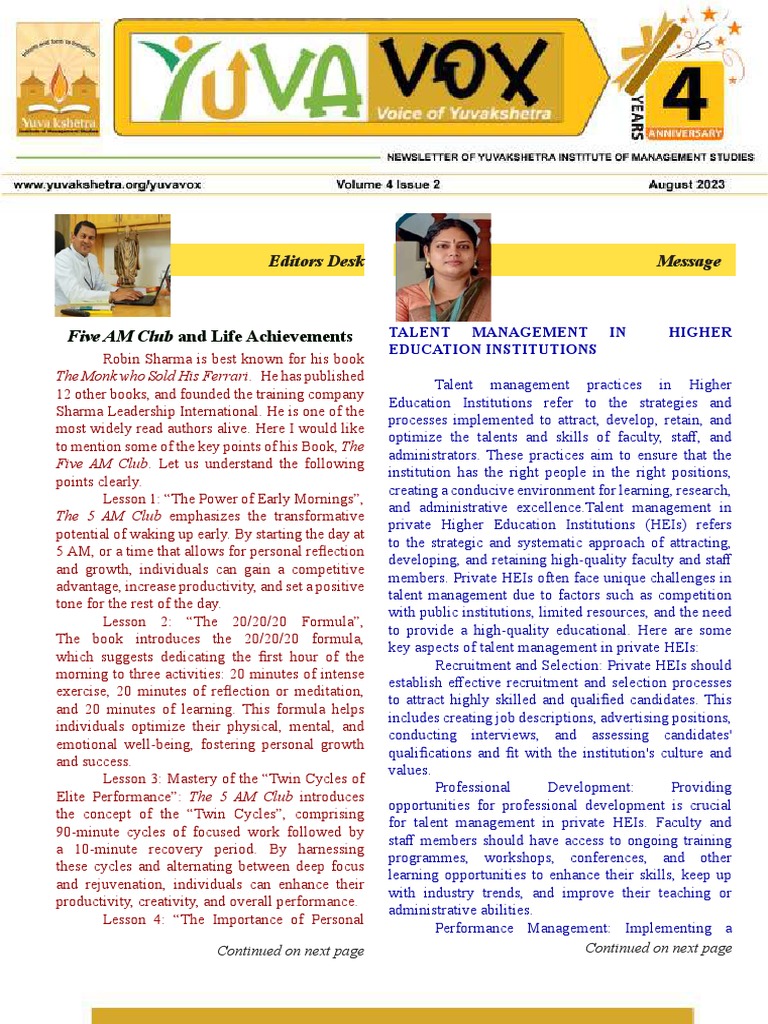 Yuvavox August 2023 Volume 4 Issue 2 - Compressed | PDF | Talent Management | Employee Retention