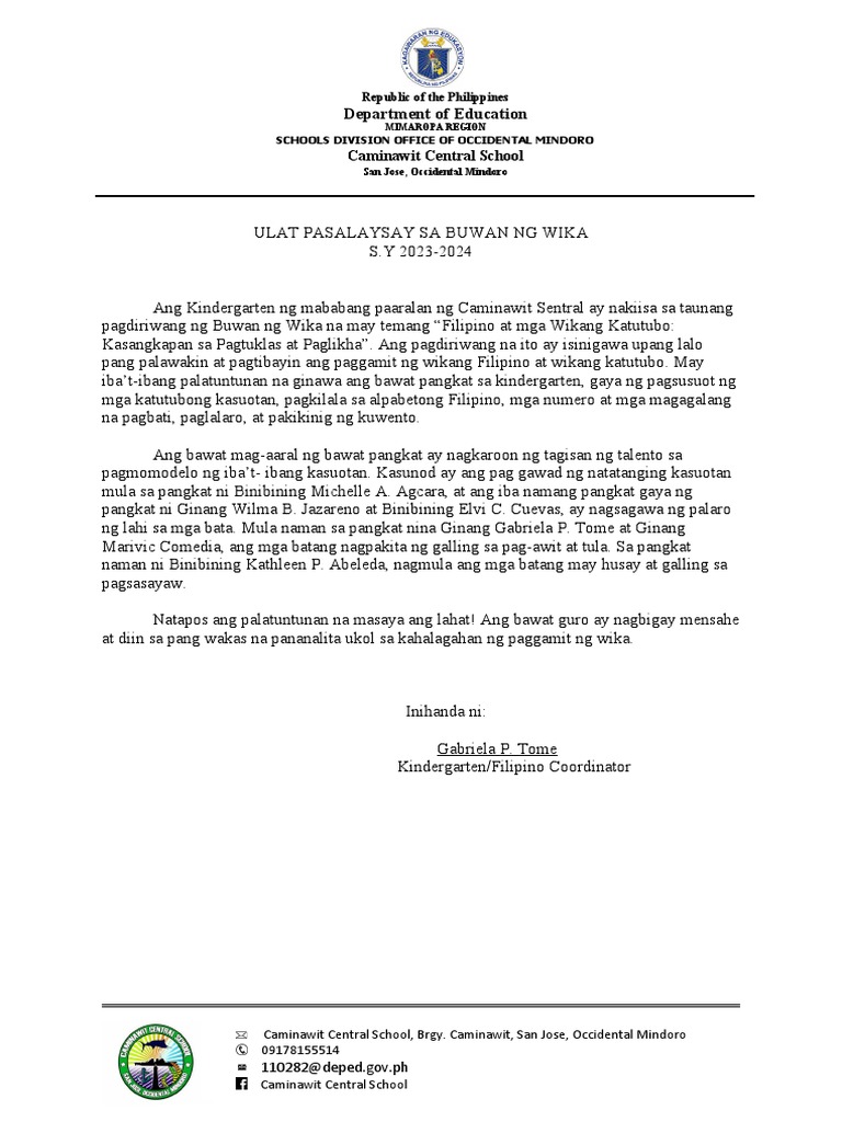 Kidergarten Narrative Report Buwan NG Wika | PDF