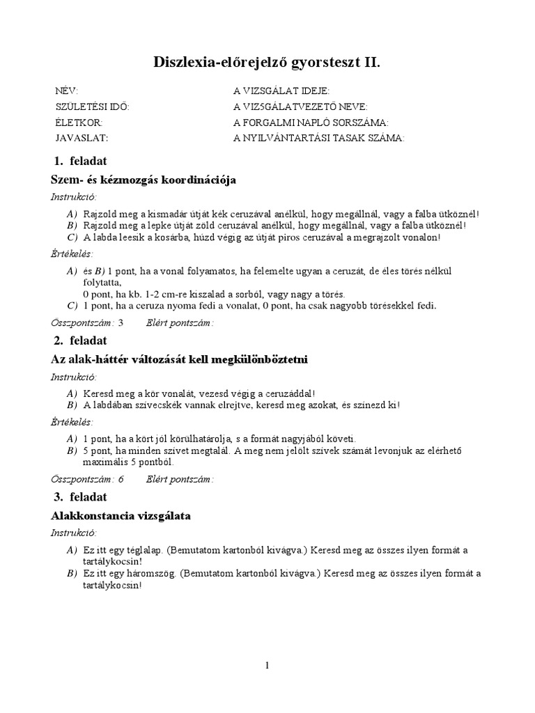 Diszlexia Elorejelzo Gyorsteszt II | PDF