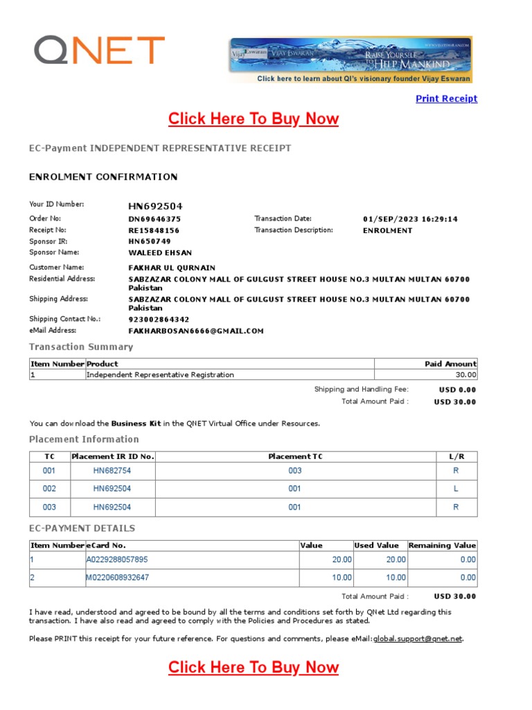 QNet LTD - Fakhar Ul Qurnain - Receipt | PDF | Receipt | Business