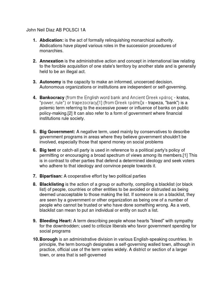 100 Political Terminologies | PDF | Political Science | Government