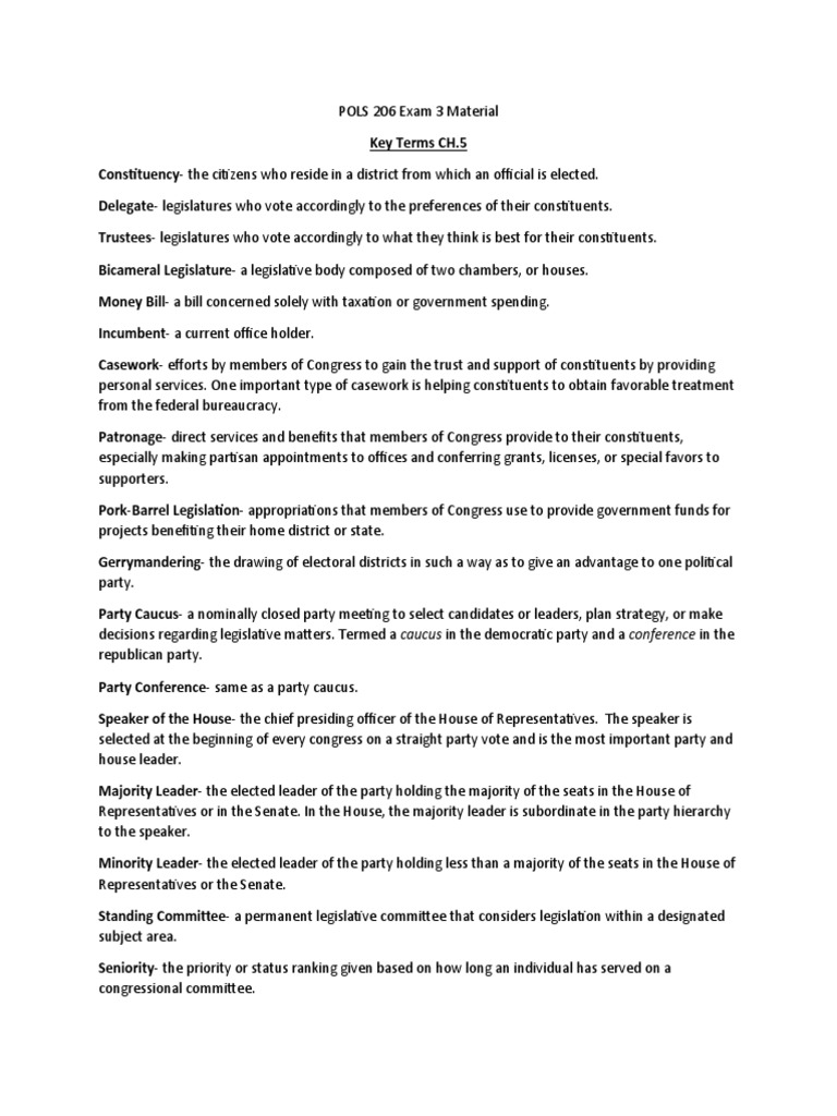 POLS 206 Exam 3 Review Sheet Summer 2023 | PDF | Politics