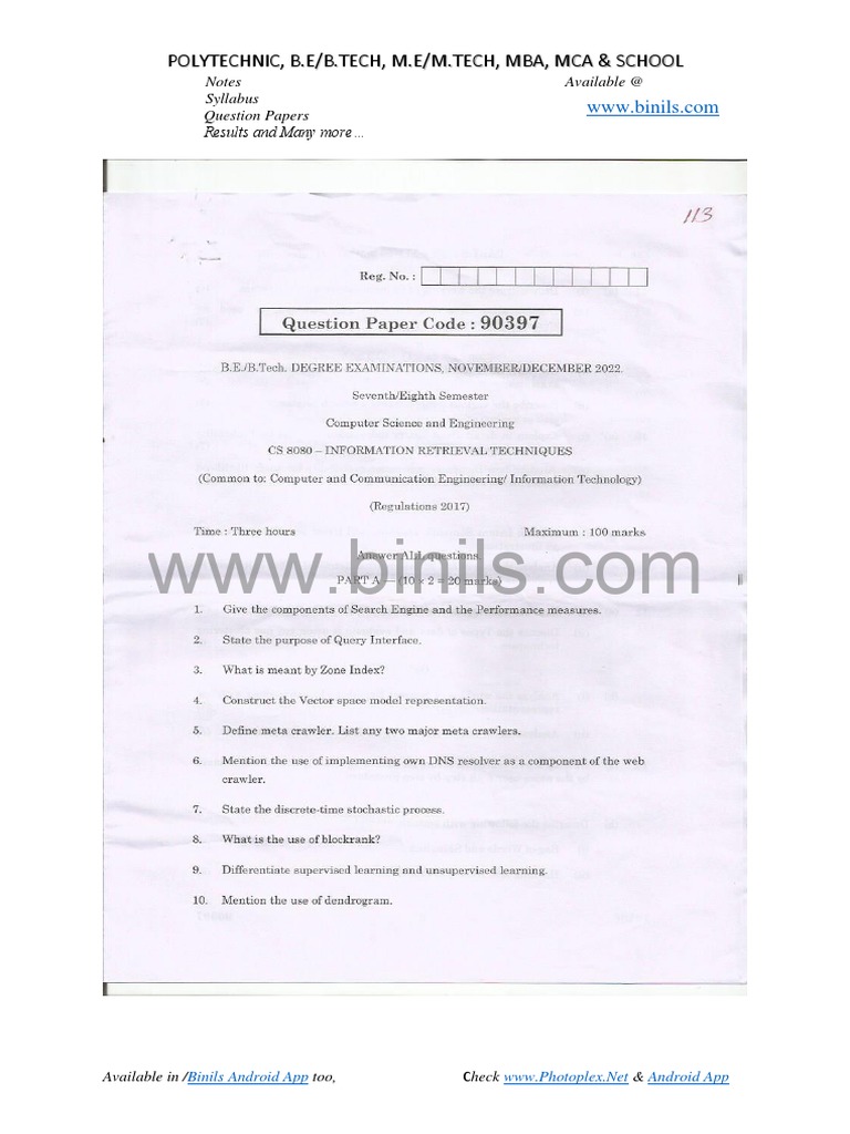 Information Retrieval Question Papers 2024 | PDF