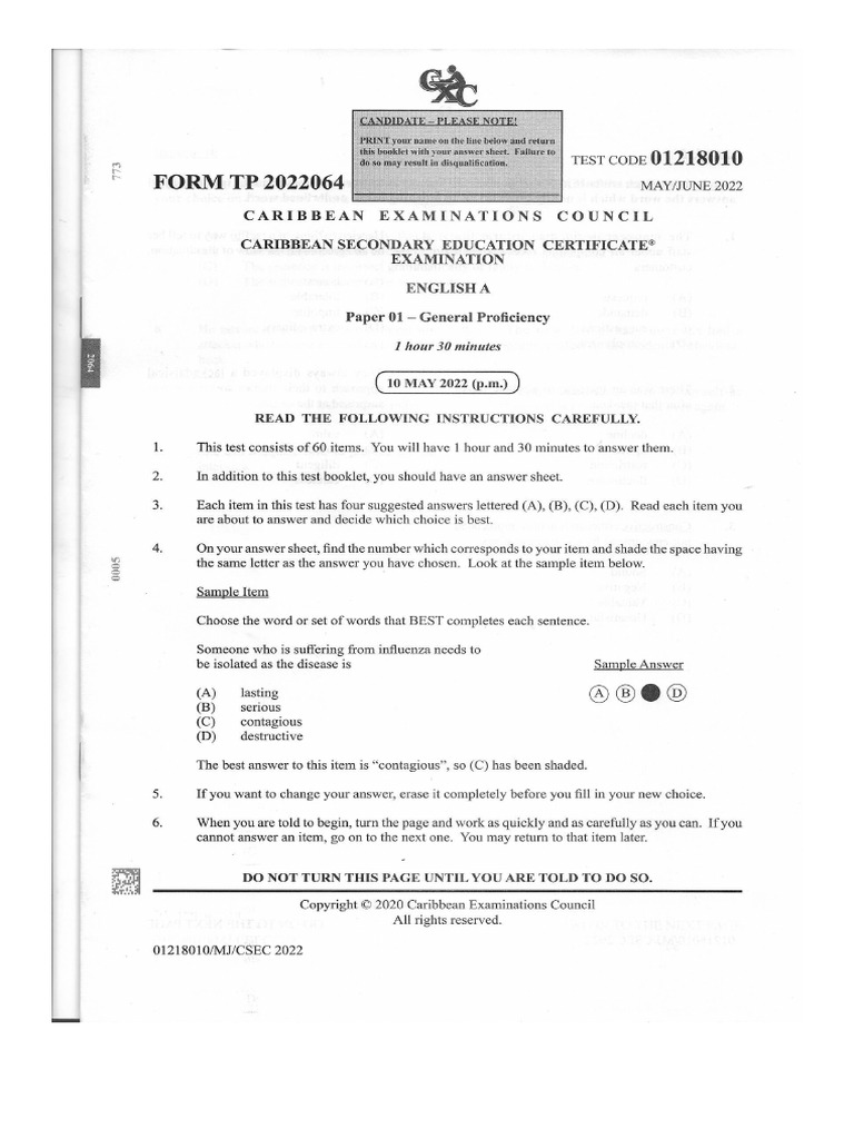 Csec English a p1 2022 | PDF