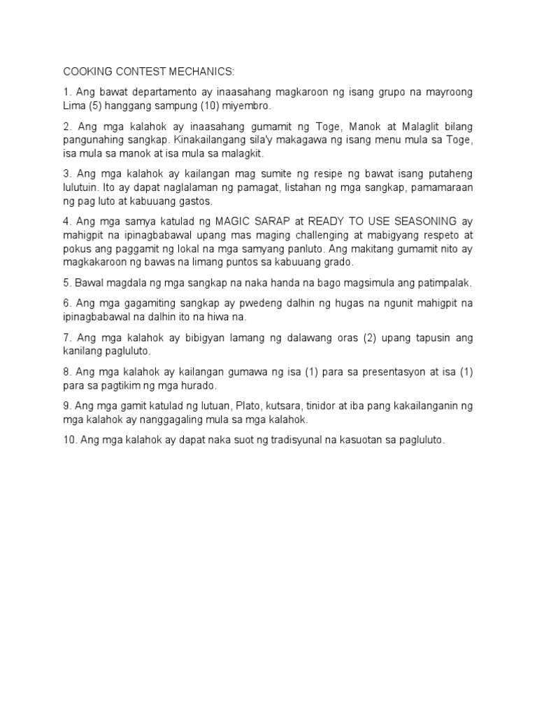 Cooking Contest Mechanics | PDF