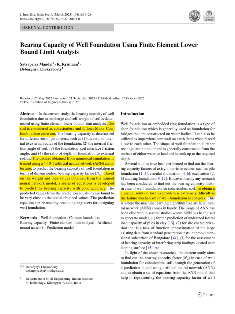 Bearing Capacity of Well Foundation Using Finite Element Lower Bound Limit Analysis | PDF | Mean ...
