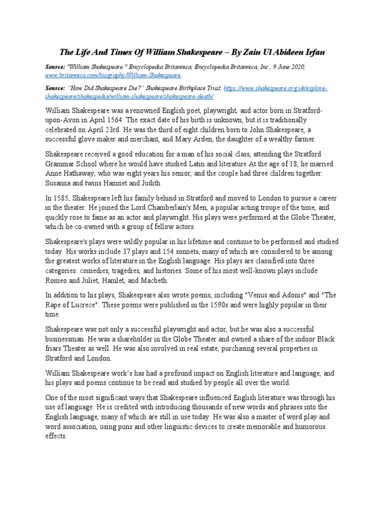 Life and Times of William Shakespeare | PDF | William Shakespeare
