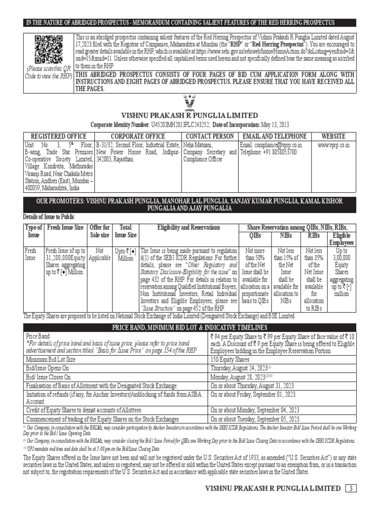 Vishnu Prakash R Punglia IPO Prospectus | PDF | Stocks | Net Income