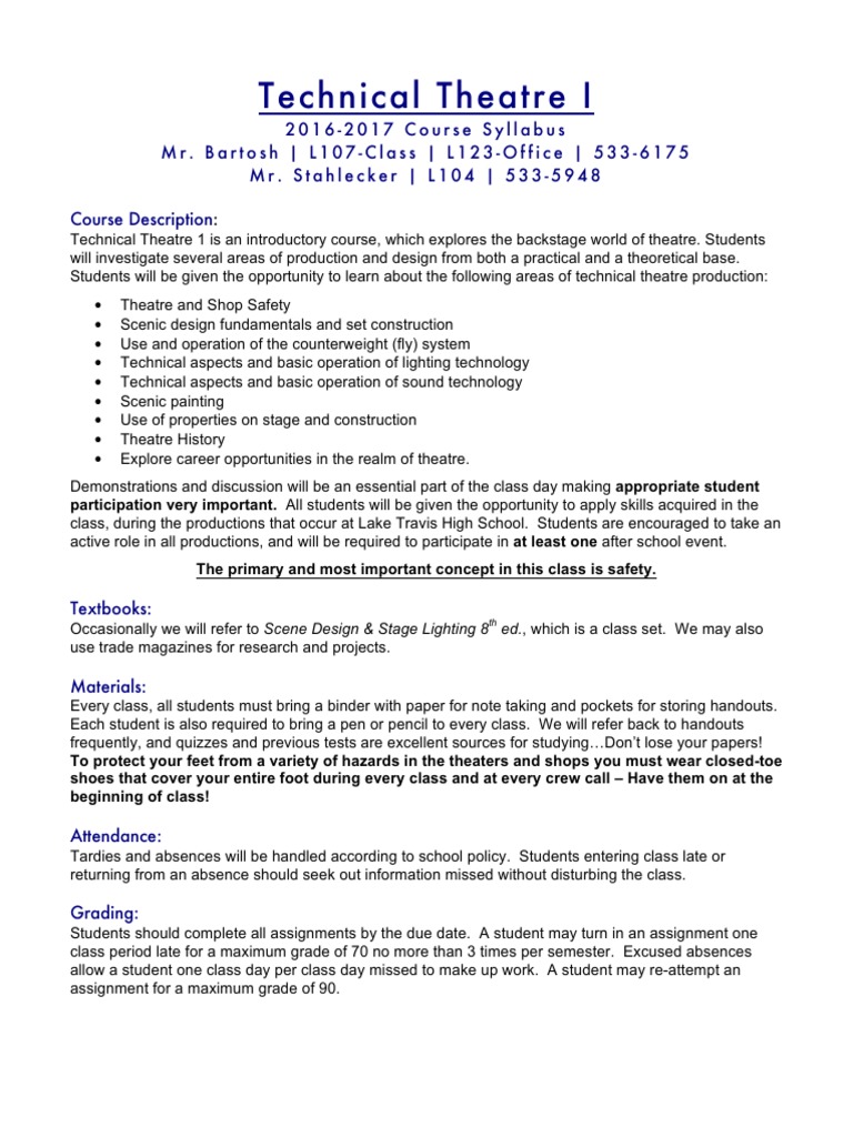 Tech Theatre I Syllabus | PDF | Classroom Management