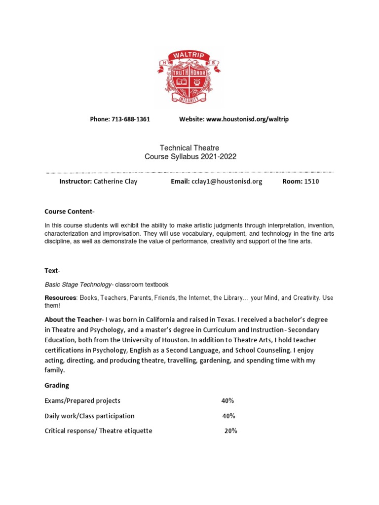 Clay Syllabus 21-22 Technical Theatre | PDF | Teachers | Schools