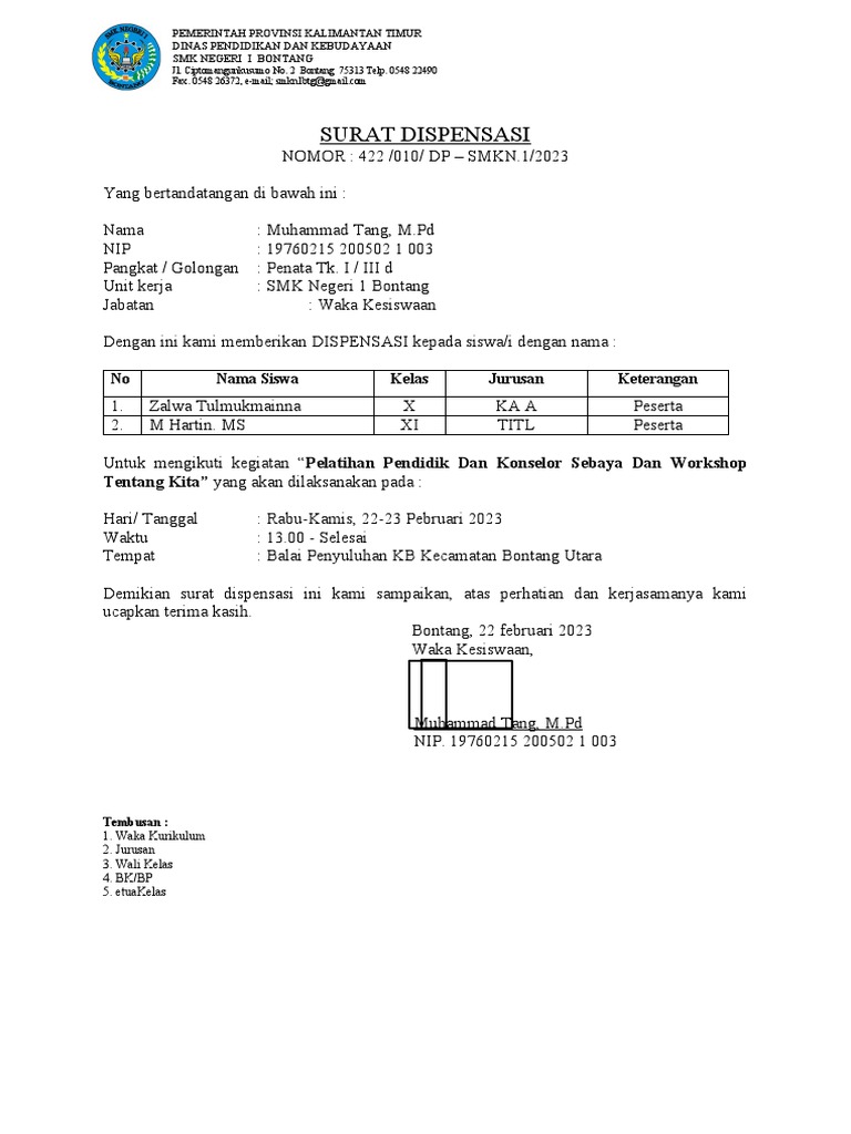 Surat Dispensasi Pik R. | PDF