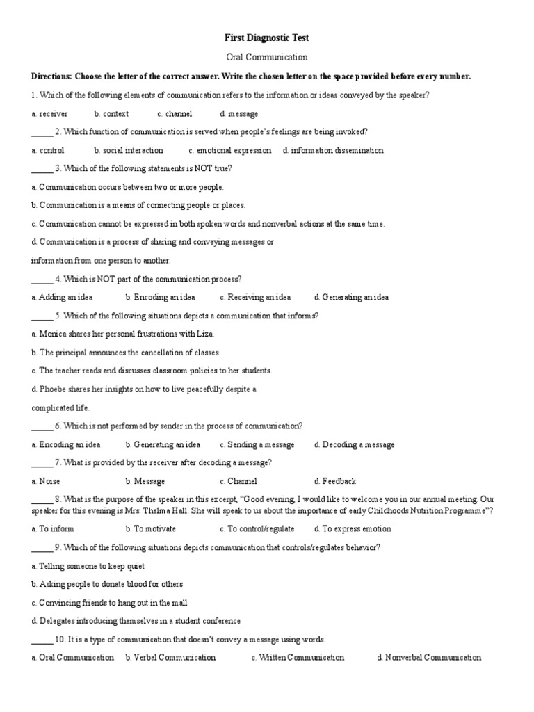 Diagnostic Test Oral Comm | PDF | Communication | Nonverbal Communication