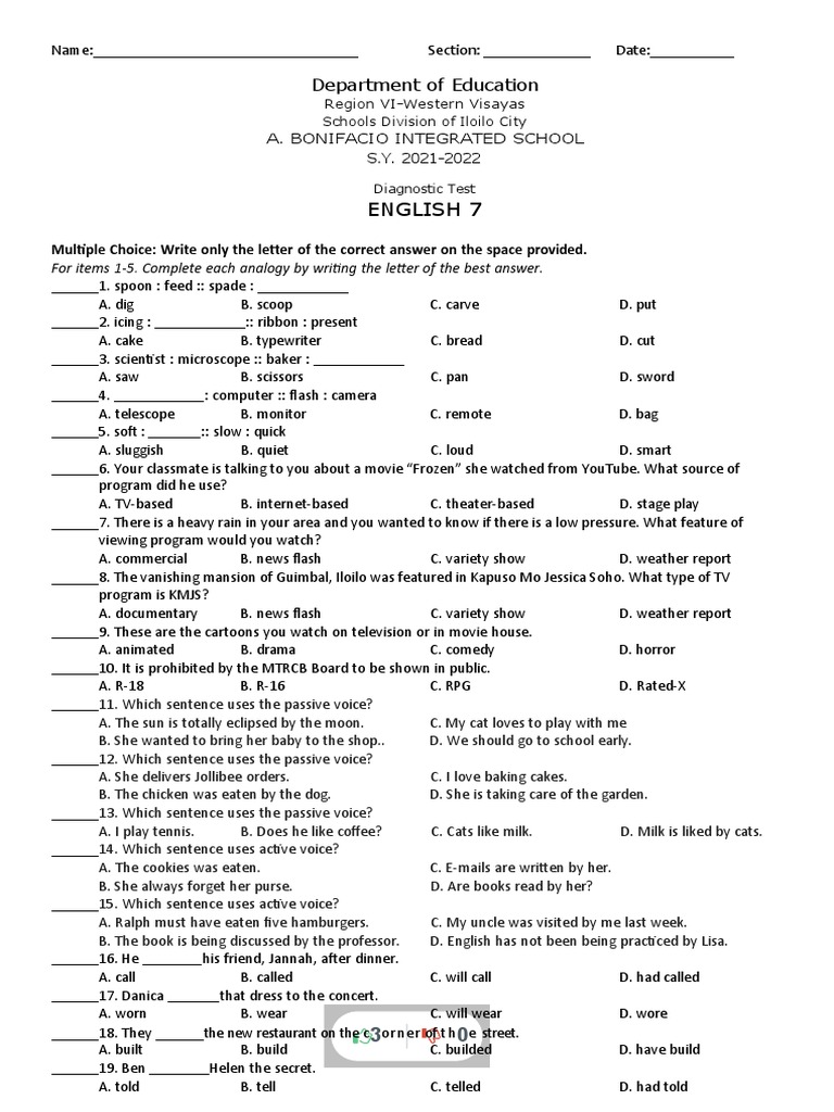 English 7 q1 Diagnostic Test - Compress | PDF | Sentence (Linguistics ...