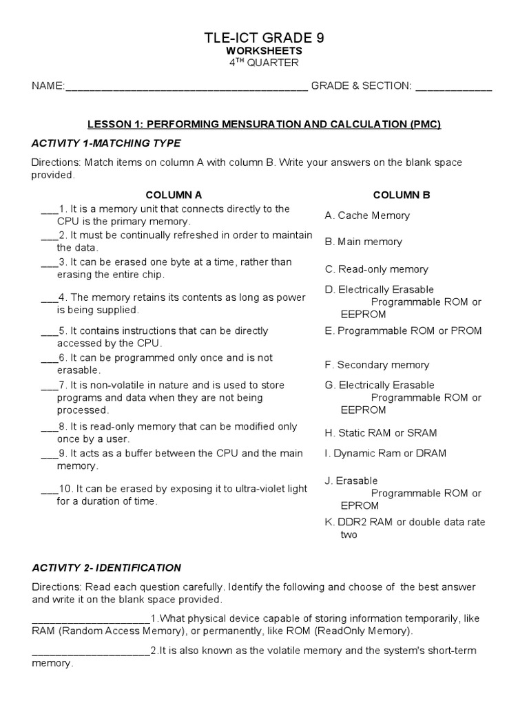 Grade 9 ICT Worksheets | PDF | Computer Data Storage | Computer Memory