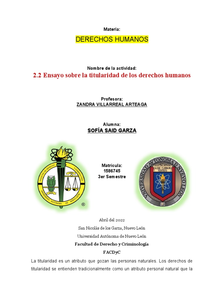 2.2 Ensayo Sobre La Titularidad de Los Derechos Humanos SOFIA SAID ...