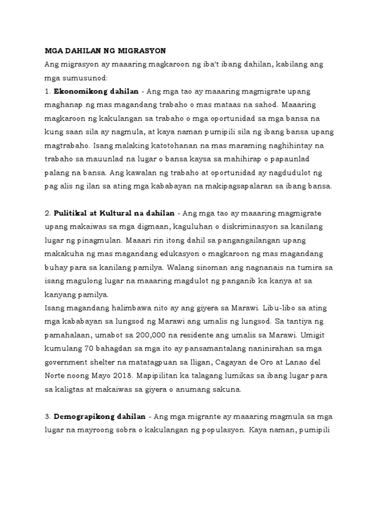 Mga Dahilan NG Migrasyon | PDF