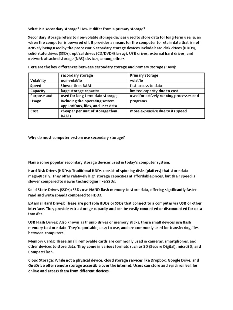What is a secondary storage | PDF | Computer Data Storage | Hard Disk Drive