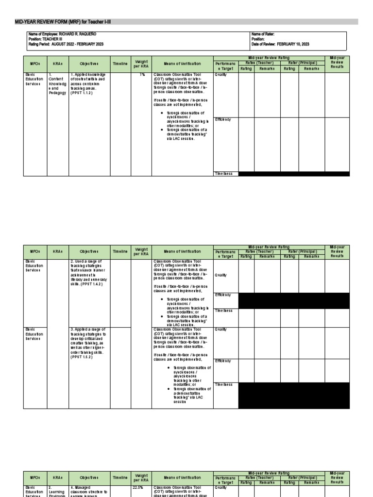 Midyear Review Form | PDF | Teachers | Learning